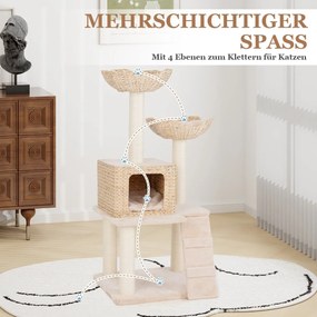 Costway Cattail cat tree se sisalovými sloupky a sedadlem a domečkem pro kočky