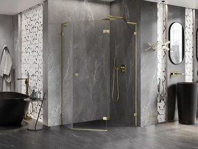 Mexen Lunar, L pravý výklopný pětiúhelníkový sprchový kout 90 x 80 cm, 8mm čiré sklo, zlatý profil, 831L-090P-080L-50-00-P