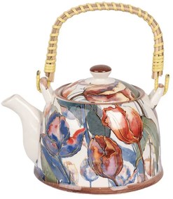 Krémová konvička s tulipány a se sítkem - 18*14*12 cm / 800 ml