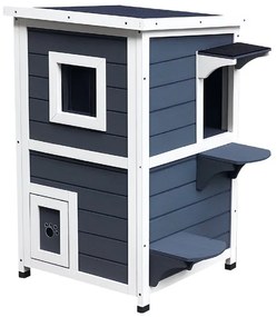 Domeček pro kočky PawHut šedý 2patrová vila pro kočky se schody, asfaltová střecha a okna, jedlové dřevo, 51x51x81,3cm pro milovníky koček | Aosom.de