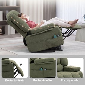 HOMCOM elektrické křeslo s funkcí vstávání, masážní a topná funkce, nastavitelný sklon, opěrka nohou, ovladače, zelená