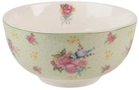 Zelená porcelánová miska s květy a ptáčkem Cheerful Birdie – 500 ml