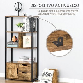HOMCOM Knihařský regál s kabinetem a 2 úložnými šuplíky, průmyslový styl, 58x24x122 cm, rustikální hnědá