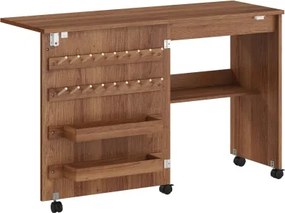 HOMCOM skládací šicí stůl, pojízdný šicí nábytek, magnetické stodole dveře, 2 nádoby, úložný prostor, 18 držáků cívek, hnědá