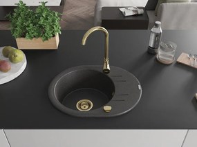 Mexen Kevin, granitový dřez 586x458x190 mm, 1-komorový, černá skvrnitá se zlatým sifonem, 6517581005-76-G