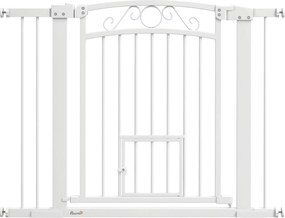 PawHut Indoor Dog Safety Gate, Dveře pro psy s 2 prodlouženími 76-104 cm a kočičími dvířky, Výška pet brány 77 cm, pro chodby a schody, Bílá | Aosom