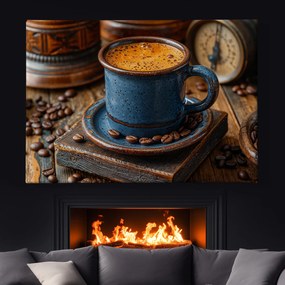 Obraz na plátně - Káva, dřevěný podtácek FeelHappy.cz Velikost obrazu: 150 x 100 cm