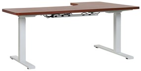 Rohový elektricky nastavitelný psací stůl levostranný 160 x 110 cm tmavé dřevo/bílý DESTIN II Beliani