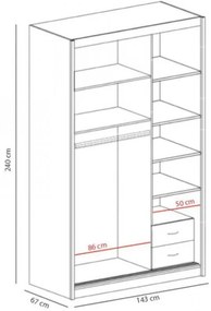 Šatní skříň 143 cm s posuvnými dveřmi ANICA - dub kraft bílý