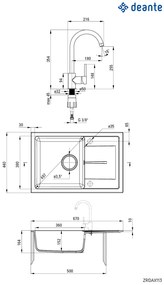 Deante Leda, granitový 1-komorový dřez na desku 670x440x164 mm + dřezová baterie BEN 762M písková + sifon, písková, ZRDA7113