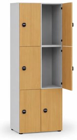 Dřevěná šatní skříňka S4 s úložnými boxy, 6 boxů, demont, RFID zámek, šedá/ořech