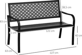 Zahradní lavička Outsunny 2místná lavička s opěradlem a područkami, ocel, max. 240 kg, květinový vzor, černá, 127 x 63 x 83 cm pro zahradu a terasu |…