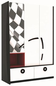Kombinovaná šatní skříň Racer - bílá/černá/červená