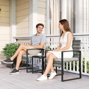 Outsunny Ratanový bistro set, 3dílná sada zahradního nábytku se 2 zahradními židlemi, konferenčním stolkem, odnímatelnými polštáři, světle šedý