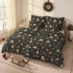 Perkálové bavlněné prodloužené povlečení Vánoční radosti - tmavě zelené Velikost: 140 x 220 + 70 x 90