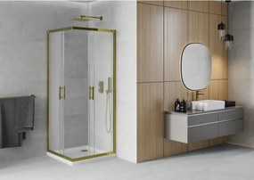 Mexen Rio, čtvercový sprchový kout s posuvnými dveřmi 90 (dveře) x 90 (dveře) x 190 cm, 5mm sklo námraza, zlatý profil + bílá sprchová vanička SLIM, 860-090-090-50-30-4010G