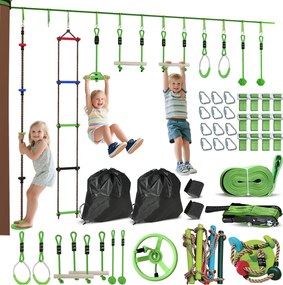 AIYAPLAY Ninja Slackline 10m pro děti - Set Ninja Warrior překážkové dráhy se slacklinem, gymnastickými kruhy, točícími koly, houpačkou, lezeckými tyč
