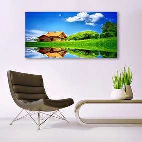 akrylový obraz Dům Jezero Tráva Příroda 120x60 cm
