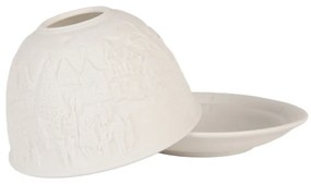 Bílý porcelánový svícen na čajovou svíčku s vánočním tradičním městečkem – 12x8 cm