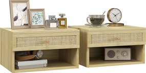 HOMCOM Set 2 Floating Nočních Stolků Závěsné Noční Stolky s Otevřeným Úložným Prostorem a Ratanovou zásuvkou pro Ložnici 40x34x23 cm Přírodní | Aosom
