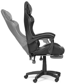 Kbelíková herní židle, kancelářská židle s nastavitelnými polštáři a podnožkou, šedá barva