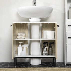 kleankin Skříňka pod umyvadlo pro moderní umyvadla s kovovými nohami a dvojitými dveřmi 60 x 30 x 60 cm - Bílá a dřevěná barva