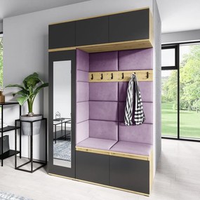 Eka Předsíňová stěna s čalouněnými panely Trinity 21 - Dub Artisan s černou / Fialová 2311