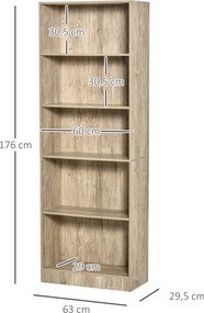 HOMCOM 5-úrovňová knihovna se 3 nastavovacími policemi, Antiklopná úložná skříň pro obývací pokoj, kancelář, studovnu 63x29,5x176 cm Přirozené dřevo
