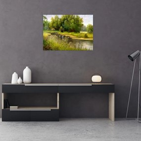 Skleněný obraz - Řeka u lesa, olejomalba (70x50 cm)