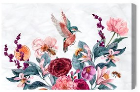 Obraz Akvarel Kolibříci A Včely Na Květiny Nedostatek Nedostatek Přírodní plátno 100x70