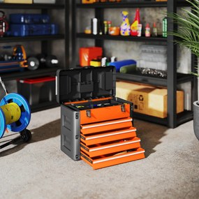 HOMCOM Prázdná pracovní zásuvka, 49,7 x 25,3 x 40,7 cm, box s 4 zásuvkami, mini box, horní skladovací prostor, rukojeť, ocelový box, oranžový