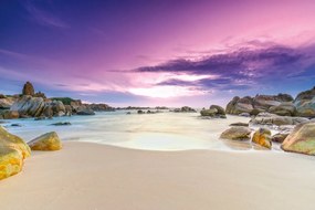 DIMEX | Samolepicí vliesová fototapeta na zeď Soumrak na pláži MA-5-3222 | 375 x 250 cm | bílá, fialová, šedá