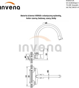Invena Verso, nástěnná kuchyňská baterie 150mm s elastickým ramenem, černá matná, INV-BC-82-E44-L