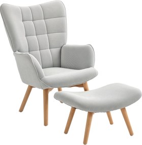 Křeslo HOMCOM s ottomanem, křeslo s vysokým opěrákem, dřevěné nohy, lounge křeslo s prošívaným designem, vzhled sametu, pro obývací pokoj, šedé | Aoso