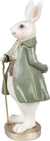 Dekorace bílý králík v zeleném kabátě s holí - 12*9*26 cm