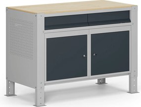Dílenský stůl G9, 2 skříňky, 2 zásuvky, výškově stavitelný, 1180 x 595 x 715-975 mm, šedá/grafit