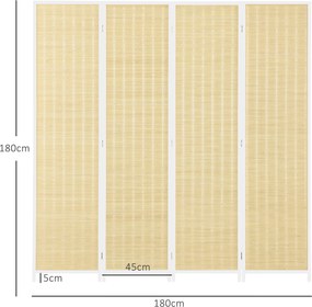 HOMCOM Skládací Oddělovač Místnosti 4 Panely 180x180 cm Ručně Tkaný z Bambusu a Bavlny Elegantní Dekorace do Obývacího Pokoj Bílá