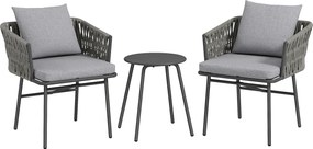 3dílná sada venkovního nábytku, 2 židle, 1 stůl, bistro set, umělý ratan, ocelový rám, kovový stůl, 4 polštáře, šedá barva