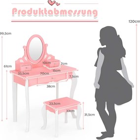 Costway Dětský toaletní stolek se stoličkou Princess se 3 zásuvkami a zrcadlově