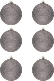 Sada vánočních ozdob šedá glitter 10 cm plastová koule, balení 6 ks