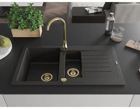 Mexen Matias, 1,5-komorový granitový dřez s odkapávačem 90x50 cm a kuchyňskou baterií Telma, černá-zlatá, 6502-75-670200-50