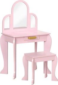 HOMCOM Dětský Toaletní Stolek s Taburetem a 3 Zrcadly - 3-6 let - 52 x 32 x 85 cm - Růžový