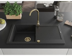 Mexen Leo, dřez granitový 900x500x190 mm, 1-komorový, černá-stříbrná metalíza se zlatým sifonem, 6501901010-73-G