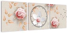 Obraz - Květy růží (s hodinami) (90x30 cm)