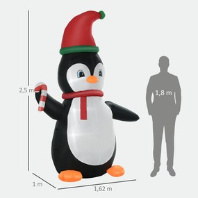 HOMCOM Nafukovací vánoční dekorace, 2,5 m nafukovatelný vánoční tučňák s 3 LED světly, 162 x 100 x 250 cm, vícebarevný