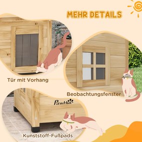 PawHut Dřevěný domeček pro kočky PawHut, venkovní kočičí bouda, vyvýšená kočičí jeskyně se závěsem na dvířkách, žlutá barva, 57 x 45 x 43 cm, ideální…