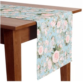 Běhoun na stůl Prchavý obraz - kompozice růží ve stylu cottagecore na modrém pozadí
