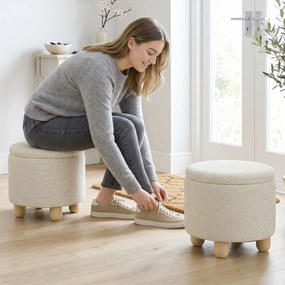 HOMCOM Stolička s úložným prostorem, kulatá sedací stolička s víkem, vzhled lnu pro obývací pokoj, ložnici, 38,5x38,5x33,5 cm Béžová