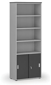 Kombinovaná kancelářská skříň PRIMO GRAY, zasouvací dveře na 2 patra, 2128 x 800 x 420 mm, šedá/grafit