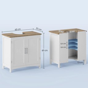 Kleankin Koupelnová skříňka pod umyvadlo s 2 dveřmi a nastavitelnou vnitřní policí, moderní styl, nosnost 40 kg, 60x30x60 cm, bílá